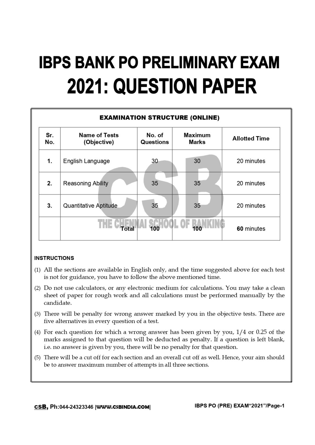 BANK PO (PRE) EXAM : PREVIOUS QS. PAPERS - CHENNAI SCHOOL OF BANKING