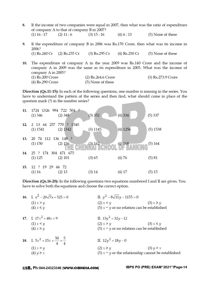 BANK PO (PRE) EXAM : PREVIOUS QS. PAPERS - CHENNAI SCHOOL OF BANKING