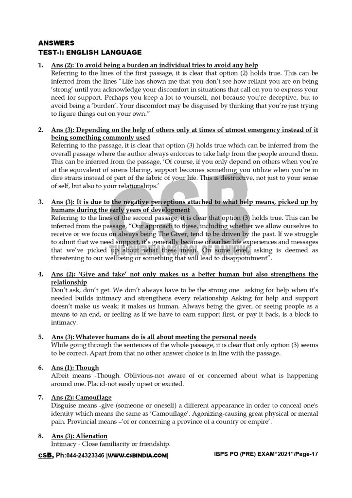 BANK PO (PRE) EXAM : PREVIOUS QS. PAPERS - CHENNAI SCHOOL OF BANKING