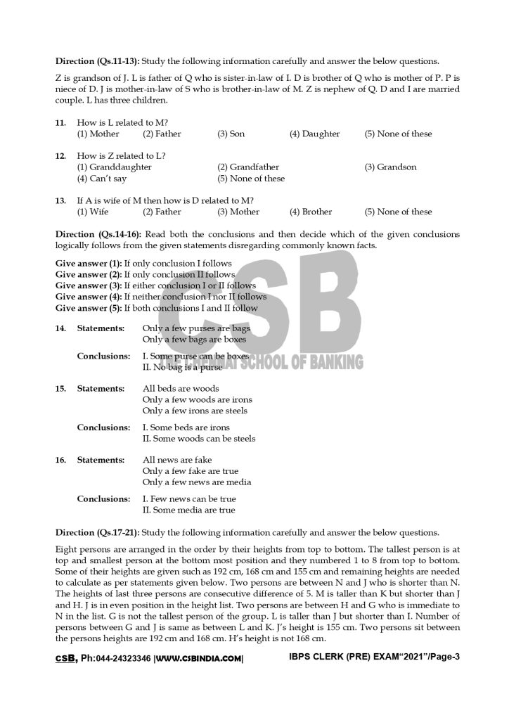 BANK CLERK (PRE) EXAM: PREVIOUS QS PAPERS - CHENNAI SCHOOL OF BANKING