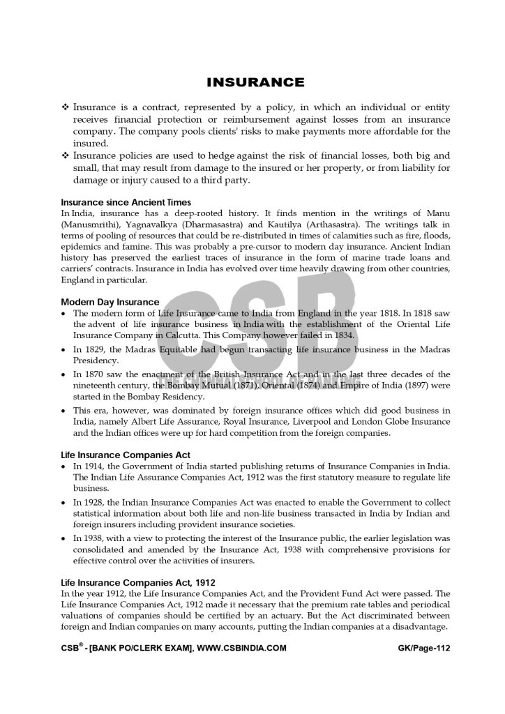 BANKING & INSURANCE KNOWLEDGE - CHENNAI SCHOOL OF BANKING